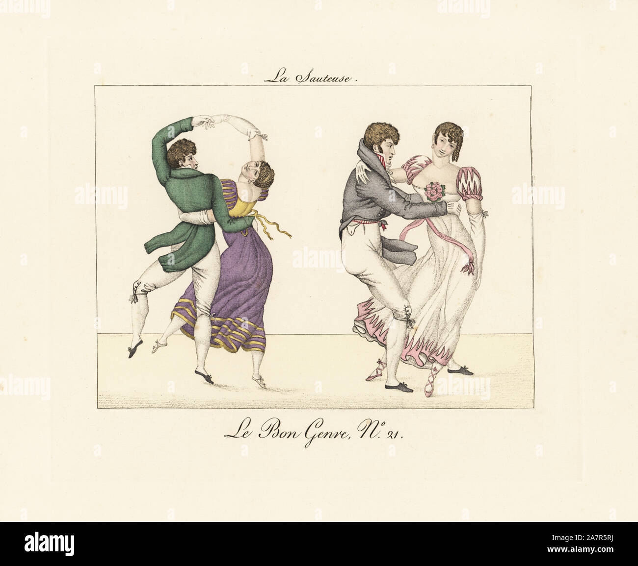 Fashionable couples dancing la Sauteuse, a pair dance popular circa ...