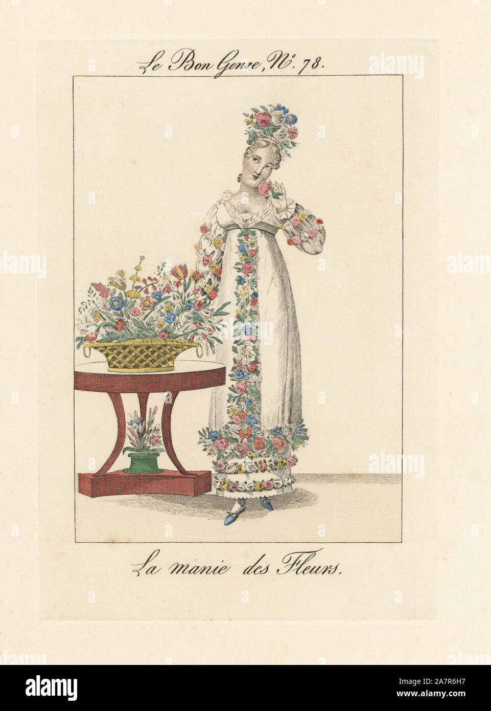 Flower-mania. Woman with as many flowers on her dress and hair as there ...