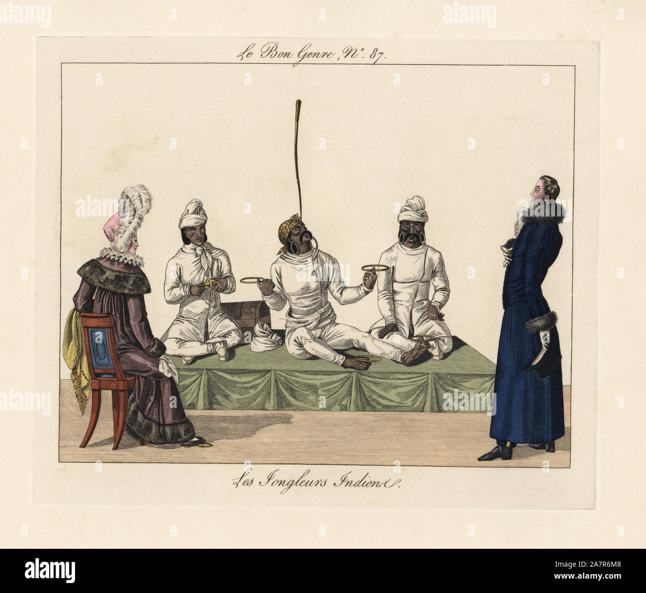Indian jugglers, 1816. The man in the centre balances a whip between ...
