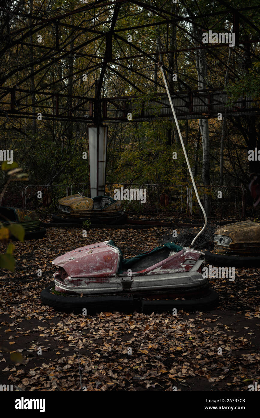Famous auto scooter in abandoned amusement park in the empty city of ...