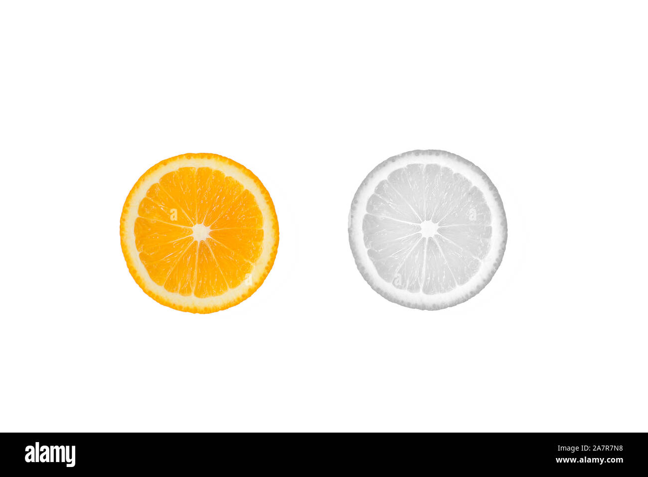 Comparison and contrast concept. Two orange slices - vivid and bright ...