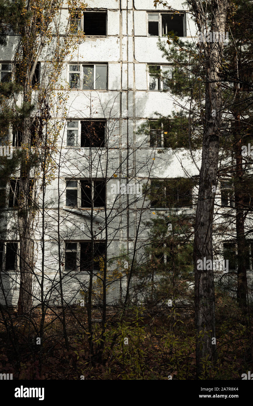 Abandoned buildings in the empty ghost town of Pripyat near the ...