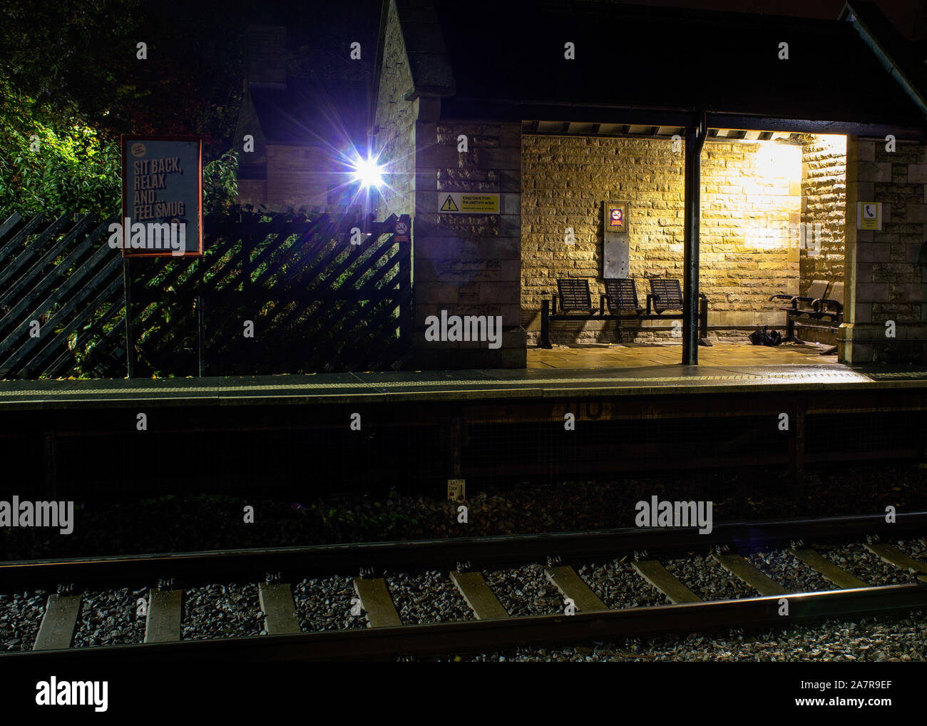 A warm light in the waiting room at Saltaire Railway Station on a cold ...
