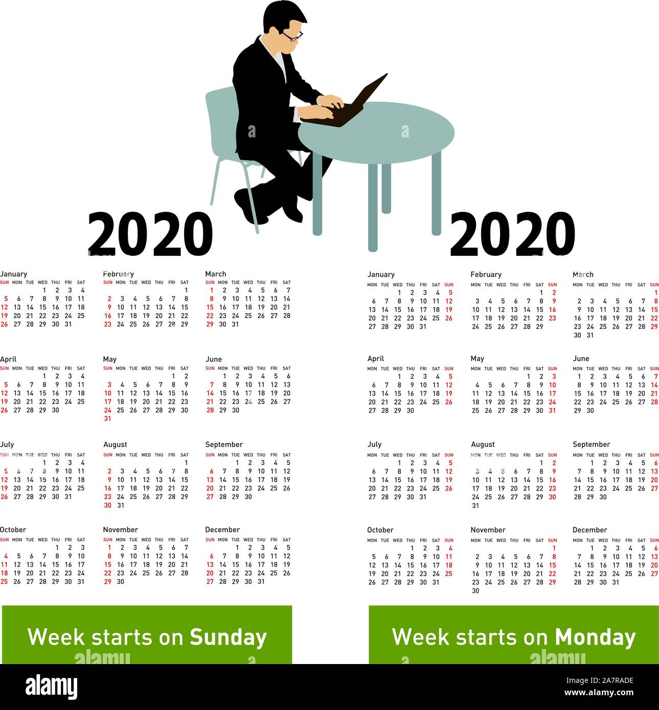 Stylish calendar with silhouette man sitting behind computer for 2020 ...