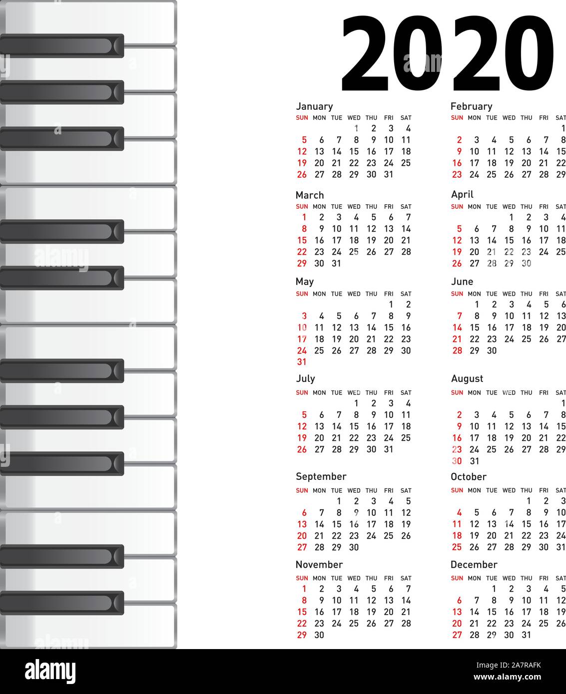 New calendar 2020 with a musical background piano keys Stock Vector ...