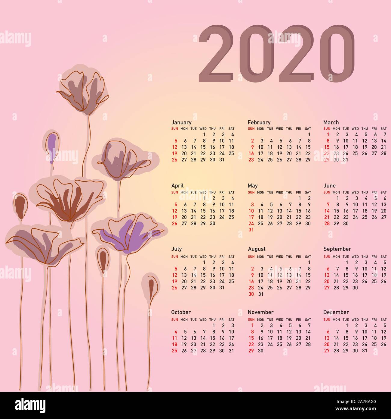 Stylish calendar with flowers for 2020. Week starts on Sunday Stock ...
