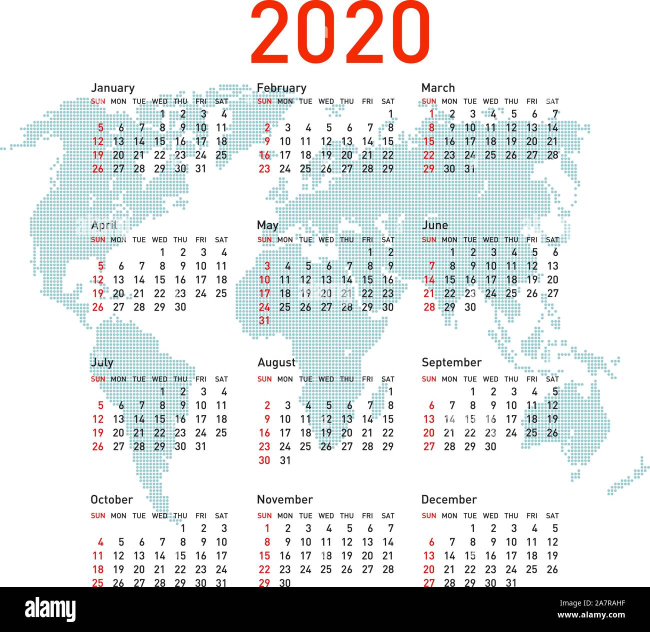 Calendar 2020 with world map. Week starts on Sunday Stock Vector Image ...