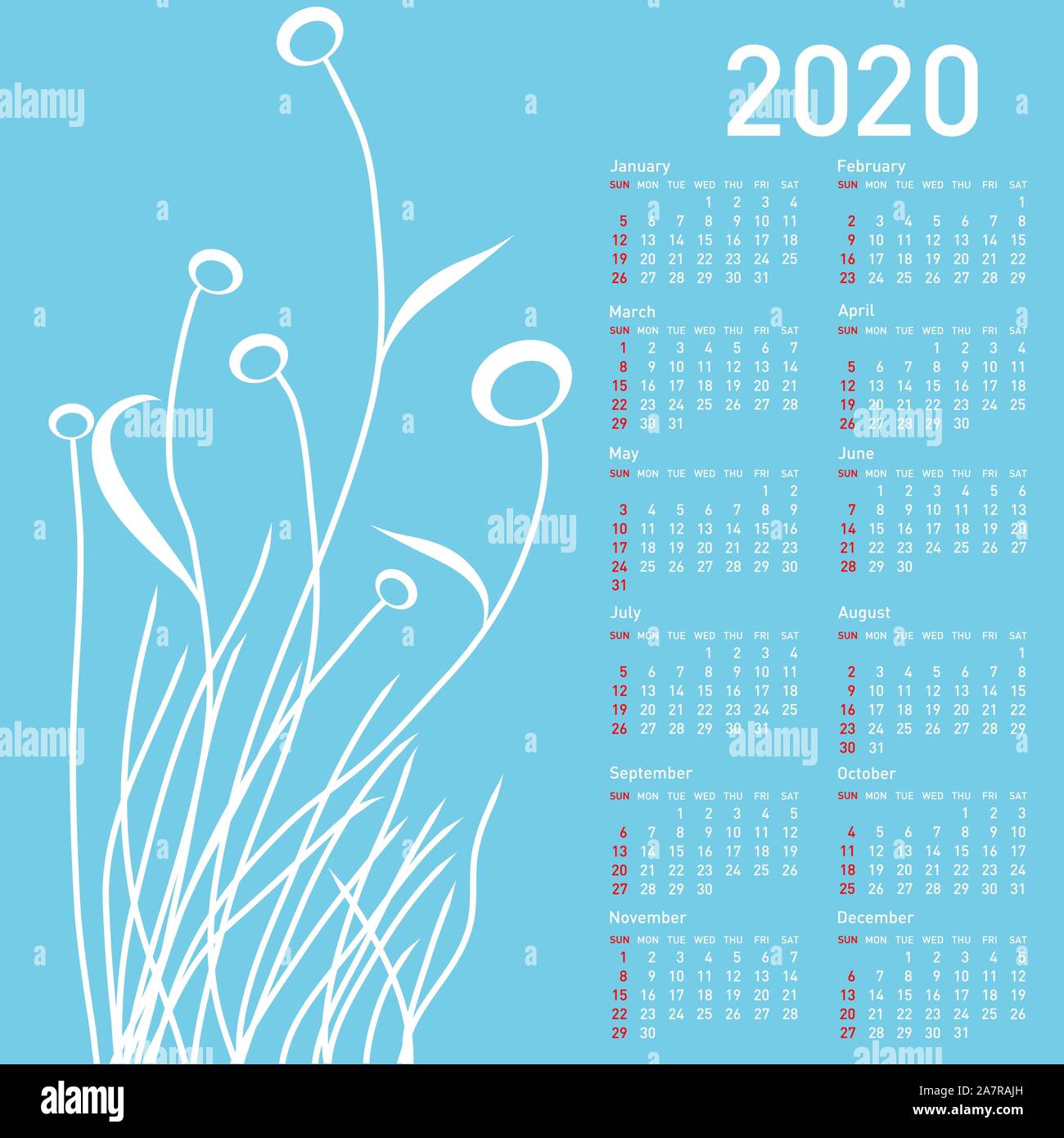 Stylish calendar with flowers for 2020. Week starts on Sunday Stock ...