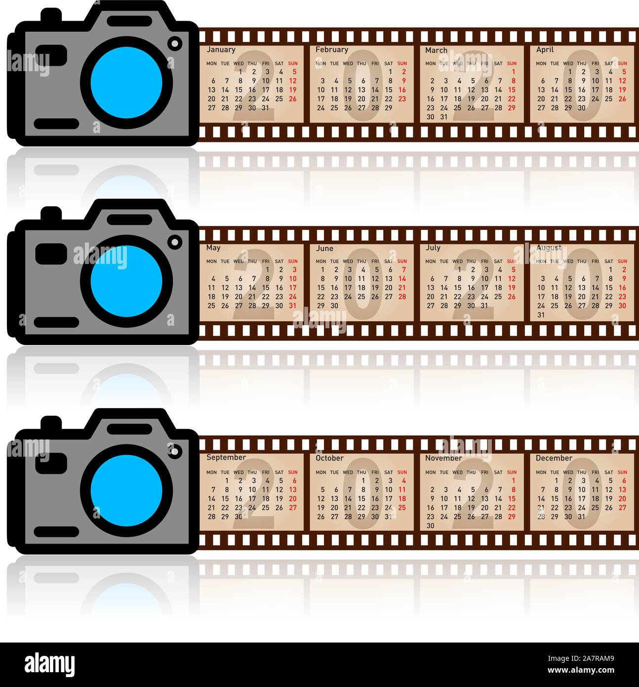 Stylish calendar for 2020 Camera with 35mm film Stock Vector Image ...