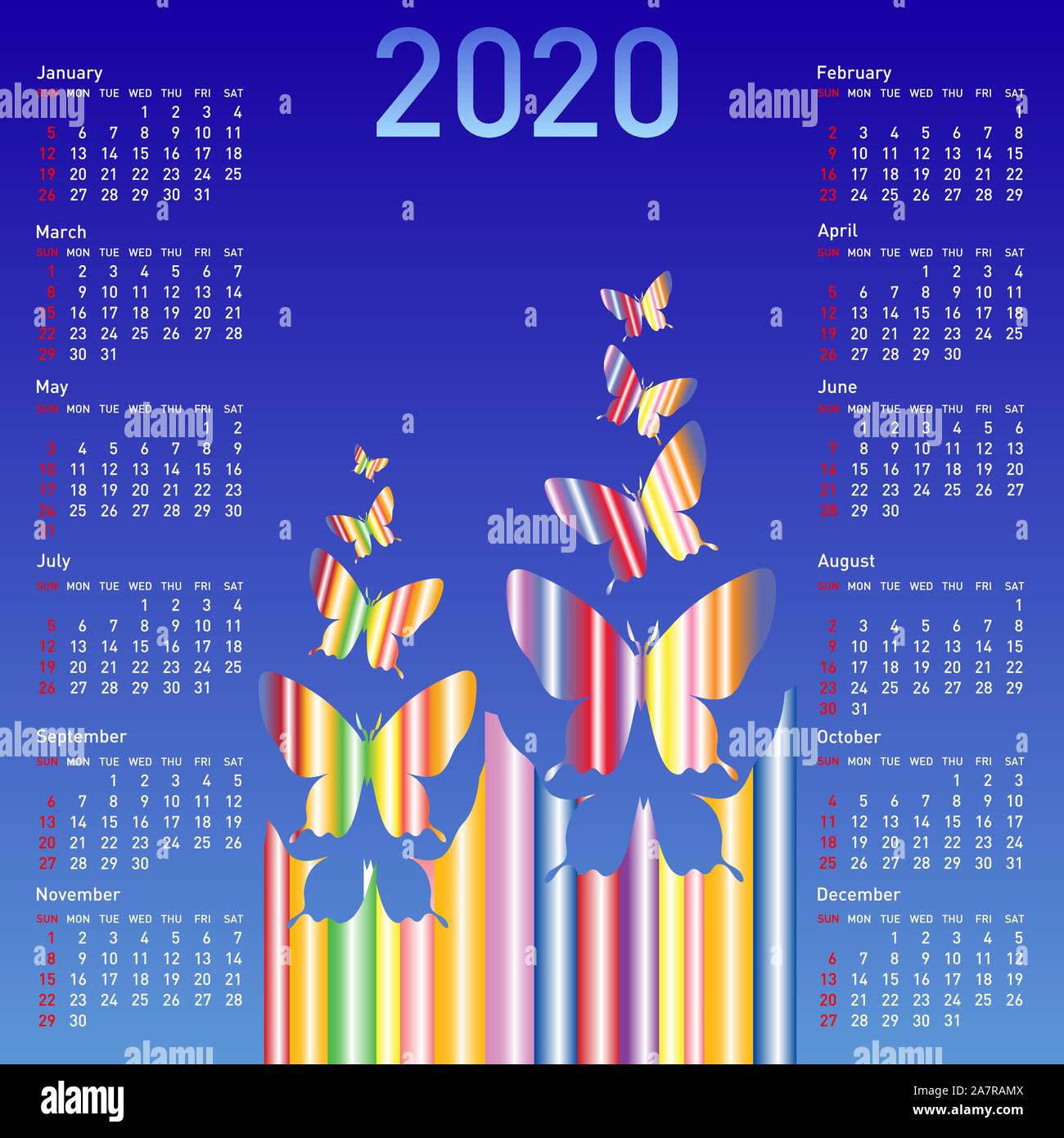 Stylish calendar with butterflies for 2020. Week starts on Sunday Stock ...
