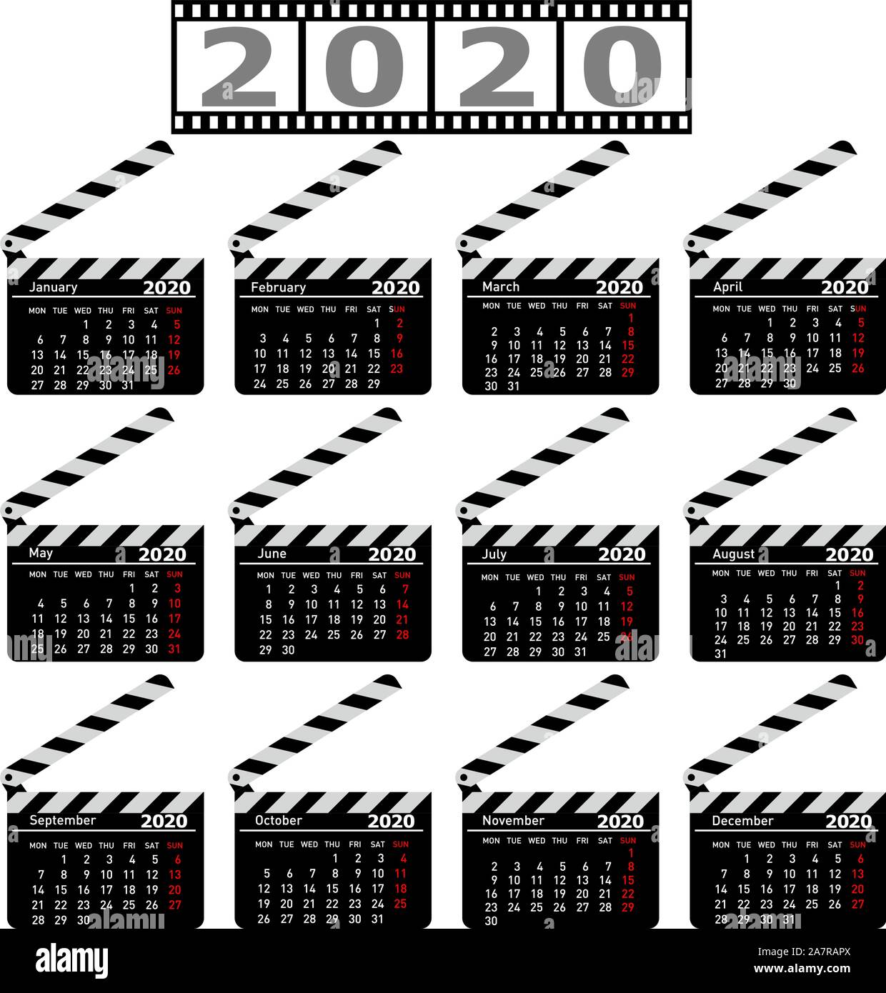 Calendar for 2020, movie clapper board on a white background Stock ...