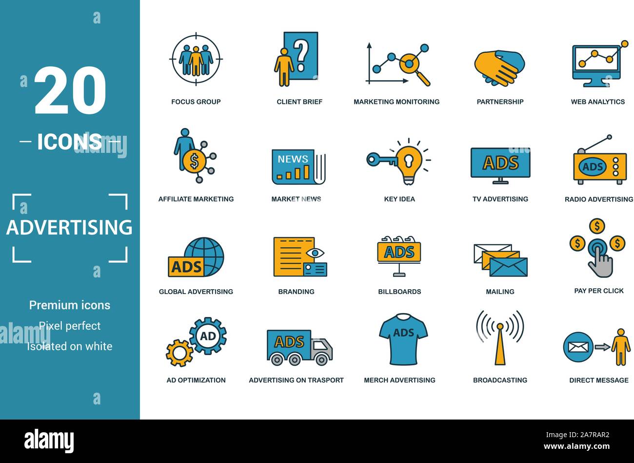 Advertising icon set. Include creative elements focus group, marketing ...