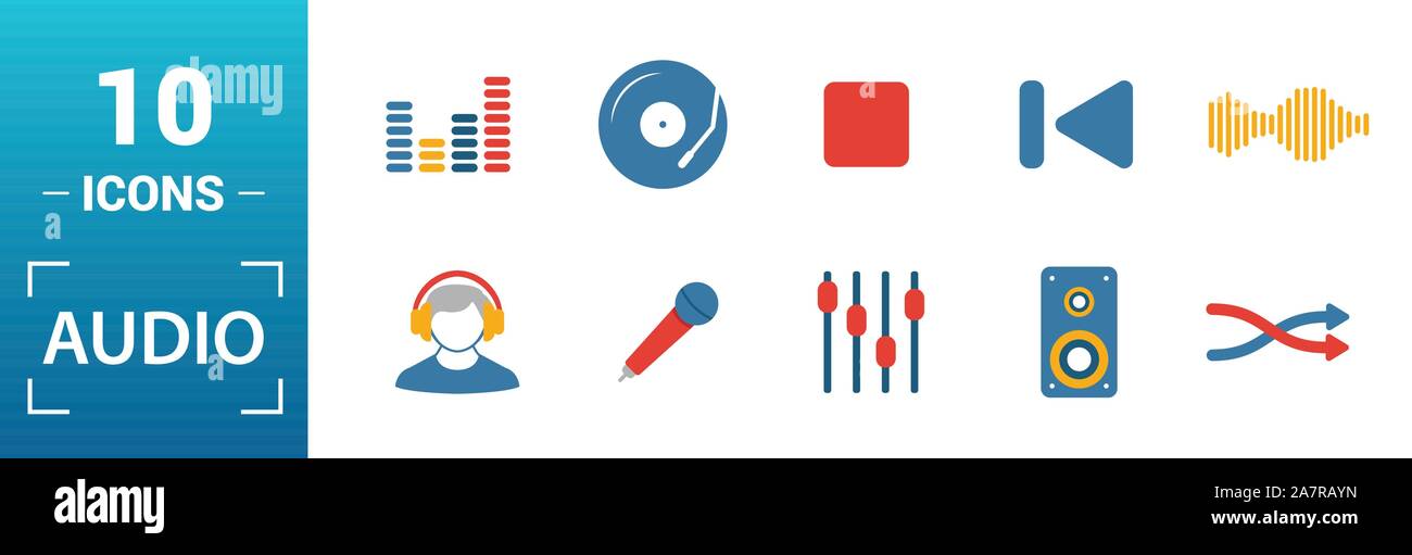 Audio Buttons icon set. Include creative elements play, pause, on off ...