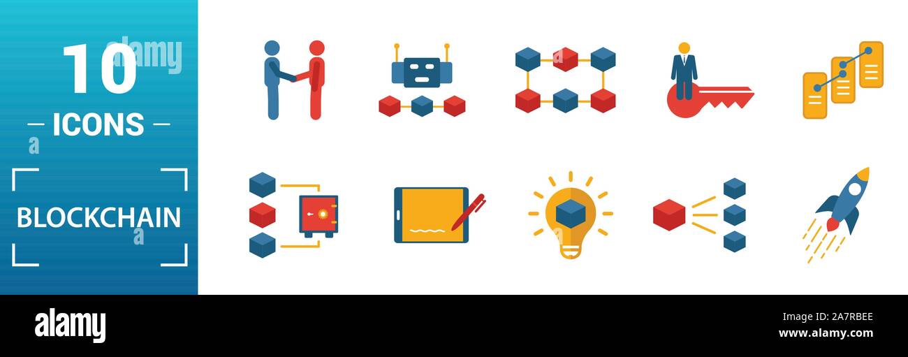 Blockchain icon set. Include creative elements block, distribution ...