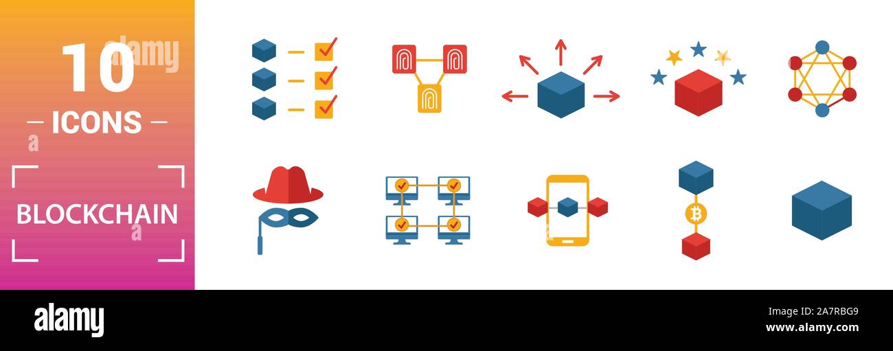 Blockchain icon set. Include creative elements block, distribution ...