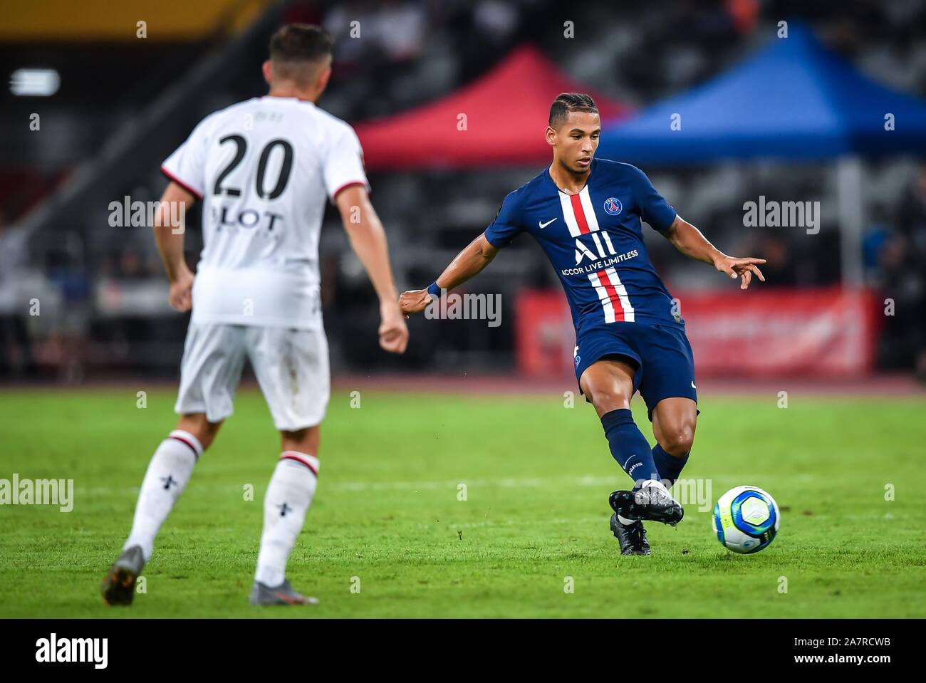 Thilo Kehrer, right, of Paris Saint-Germain challenges Flavien Tait of ...