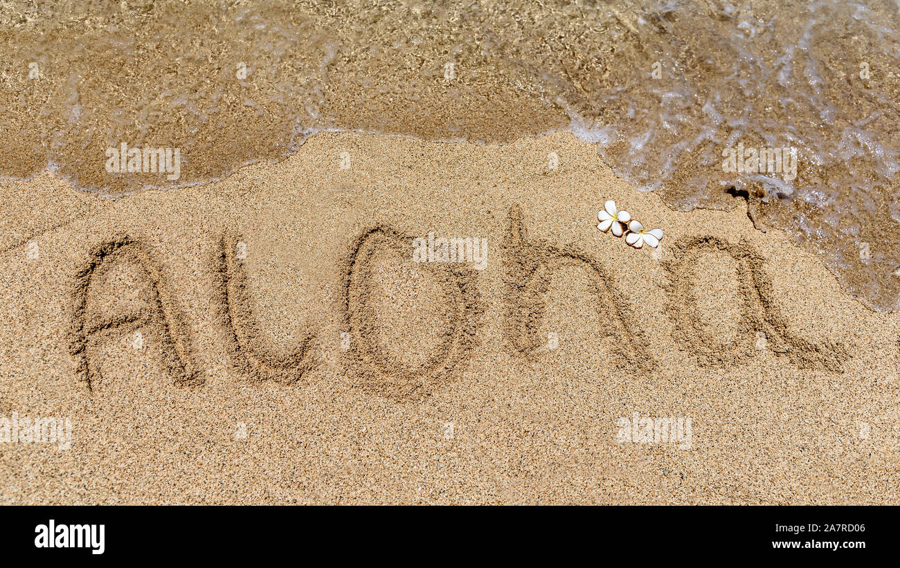 Aloha, the traditional Hawaiian greeting, written in the sand of a ...
