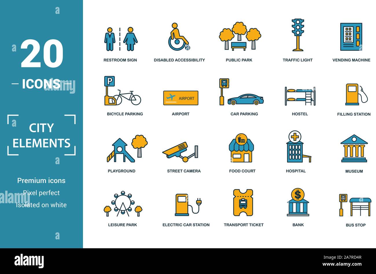 City Elements icon set. Include creative elements restroom sign, public ...