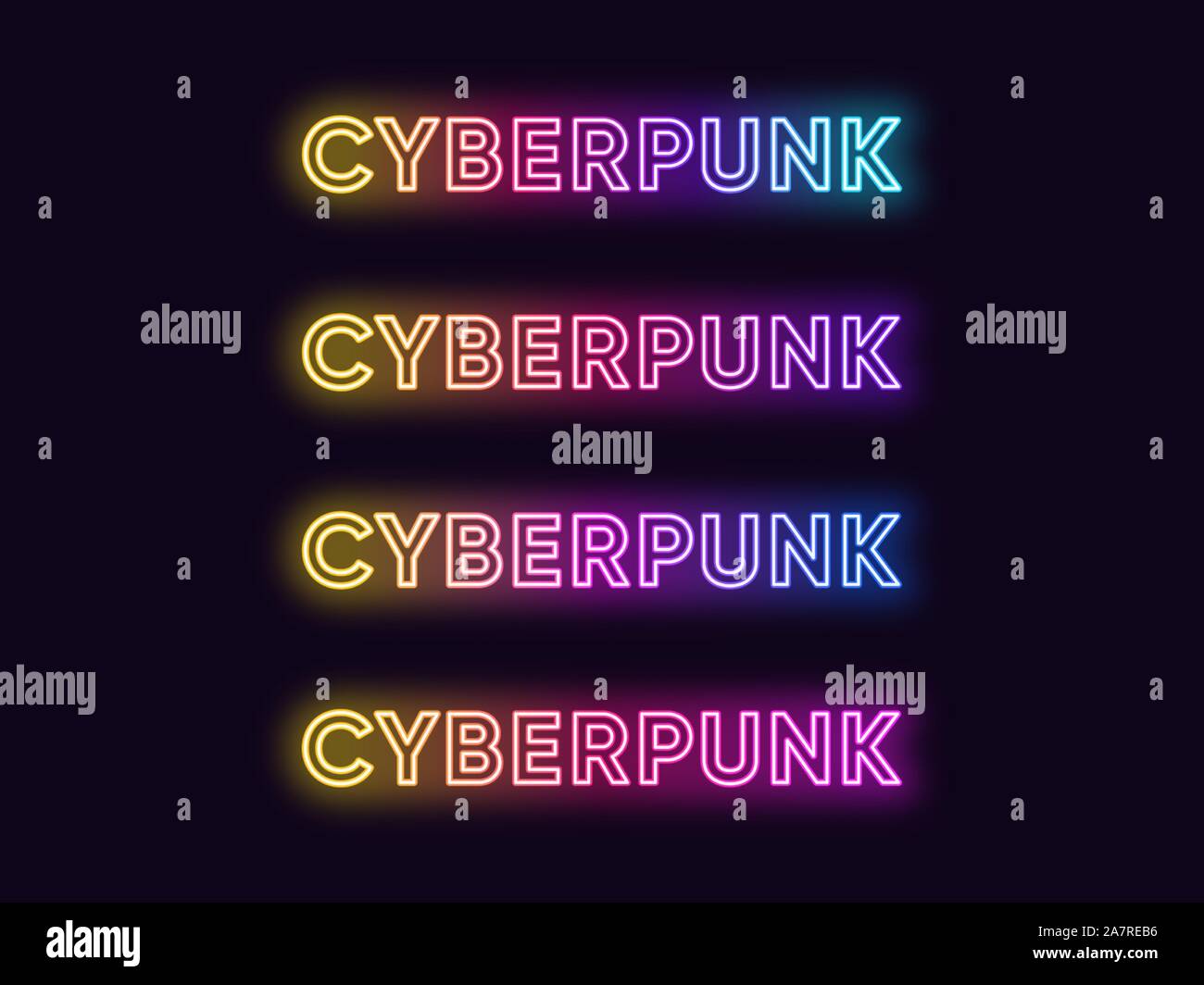 Neon Cyberpunk Text in different Gradient colors. Futuristic set of ...