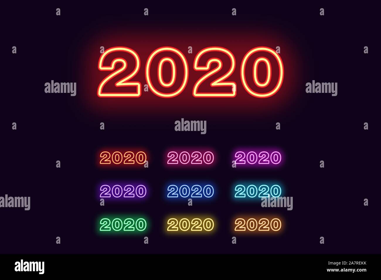Neon number 2020, New Year digits in different Monochrome colors. Set ...