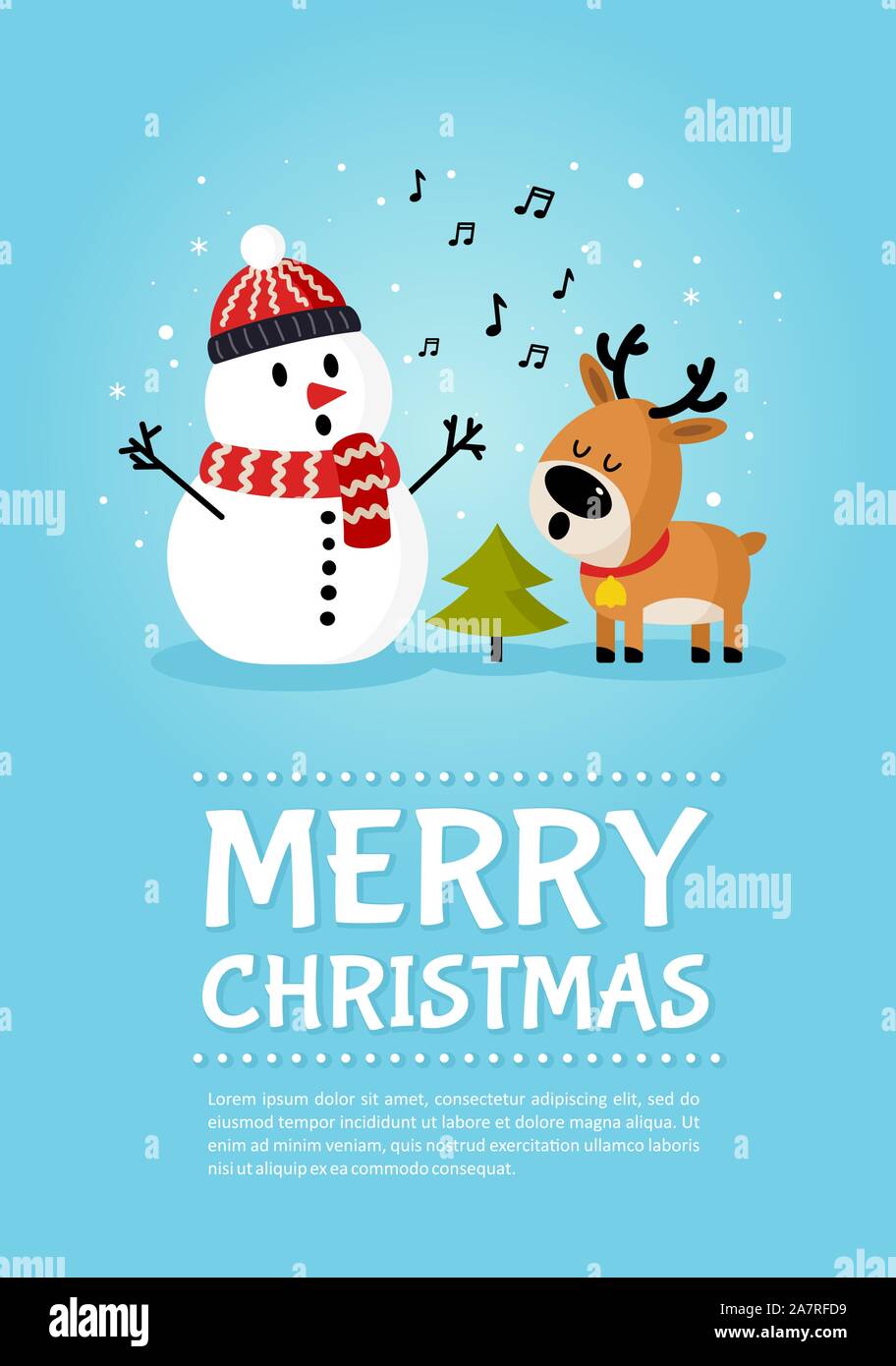 Snowman with deer singing song near Christmas tree poster. Merry ...