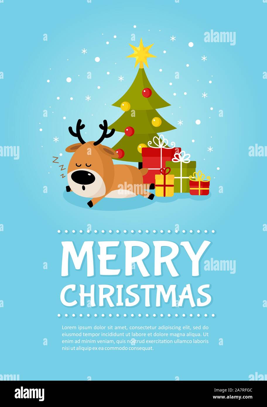 Santa deer sleeps under Christmas tree with gifts poster. Merry ...