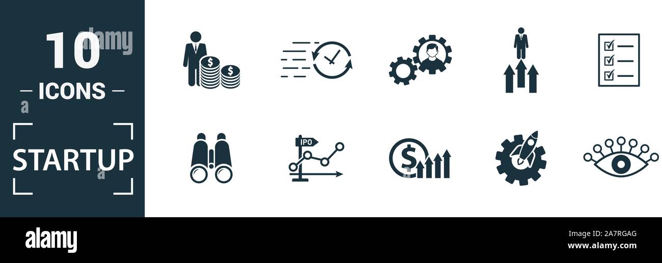 Startup icon set. Include creative elements goal, business plan, prototype, business incubator ...
