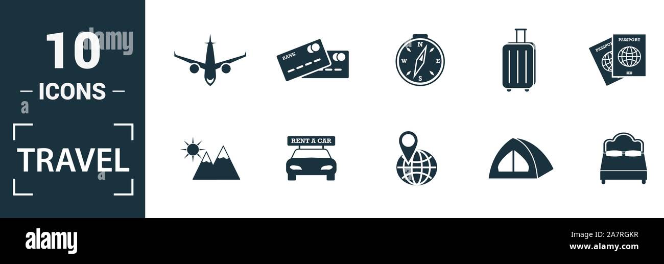 Travel icon set. Include creative elements compass, aircraft, taxi ...