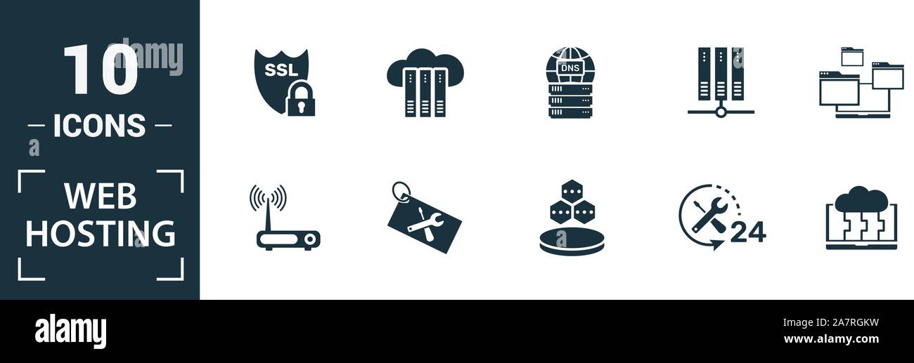 Web Hosting icon set. Include creative elements data structure, cloud technology, ssd, file ...