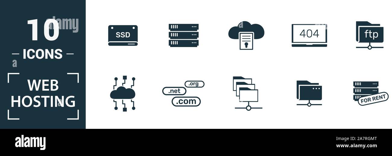 Web Hosting icon set. Include creative elements data structure, cloud technology, ssd, file ...