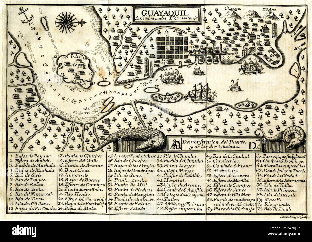 Engraving depicting a map of Guayaquil in 1741 Stock Photo - Alamy