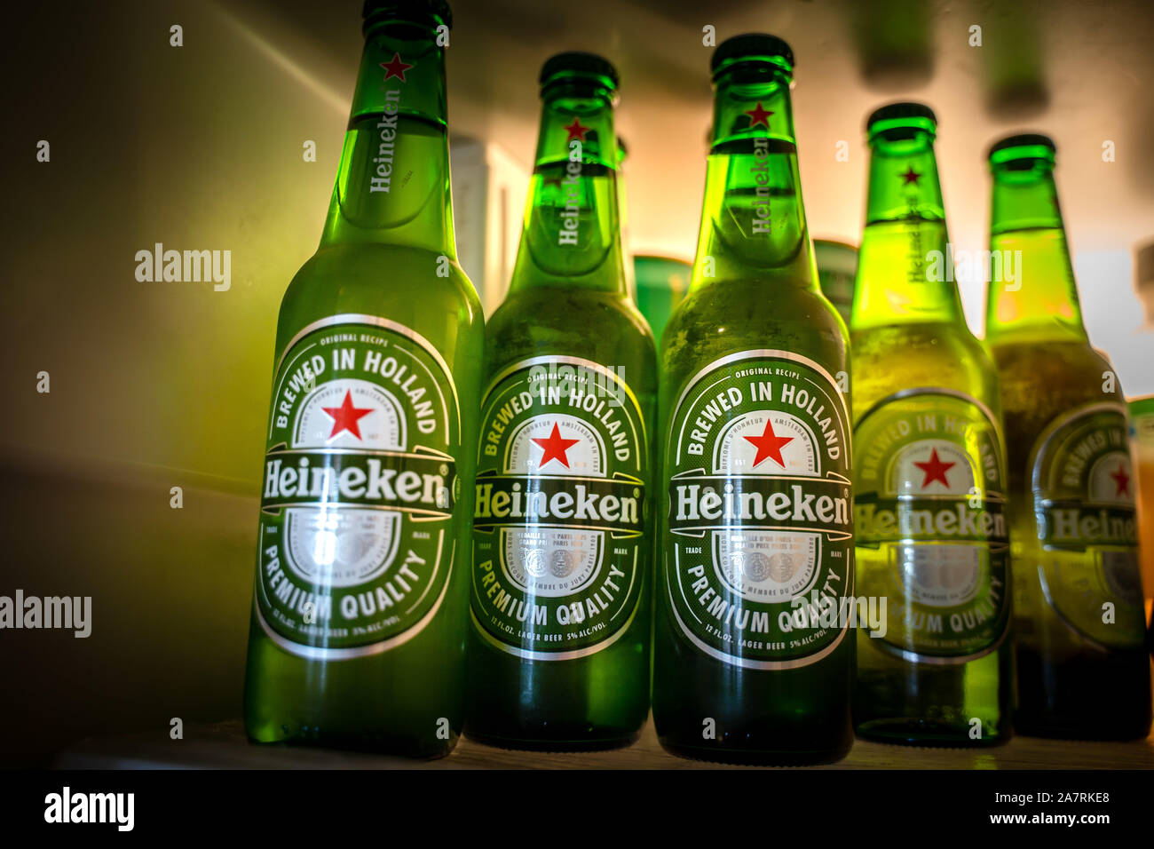 Marinette,WI / U.S.A. - Aug16,2019: Cold bottles of Heineken Beer with ...