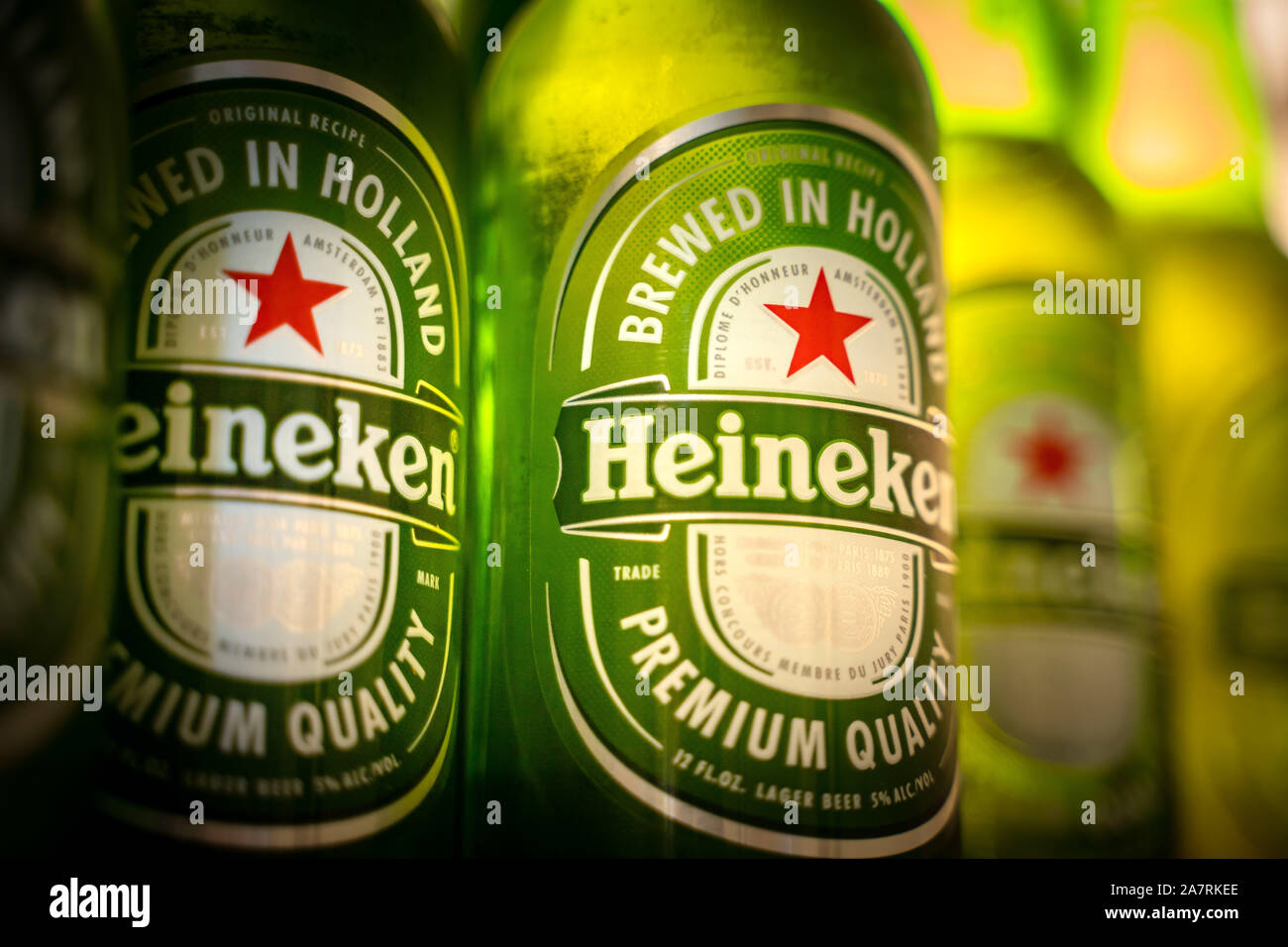 Marinette,WI / U.S.A. - Aug16,2019: Cold bottles of Heineken Beer with ...