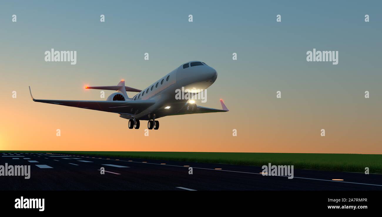 Luxury business jet during landing or takeoff on runway. Extremely ...