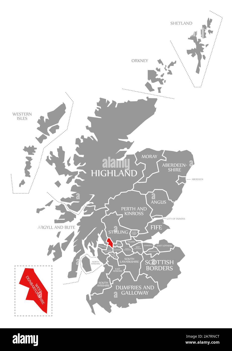 West Dunbartonshire red highlighted in map of Scotland UK Stock Photo ...