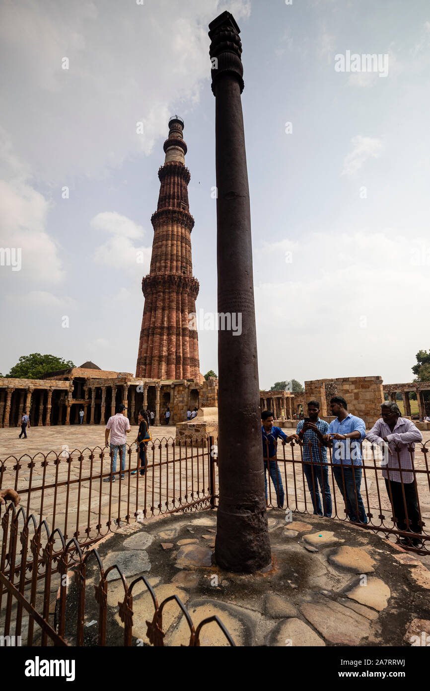 The famous Iron Pillar at the ruins of Qutb Minar in New Delhi, India ...