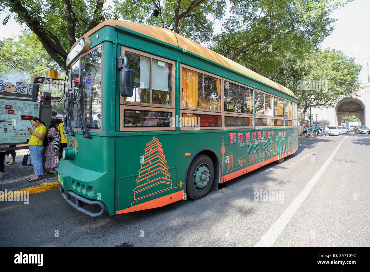 Outside view of the old-fashioned bus in Xi’an city, northwest China’s ...