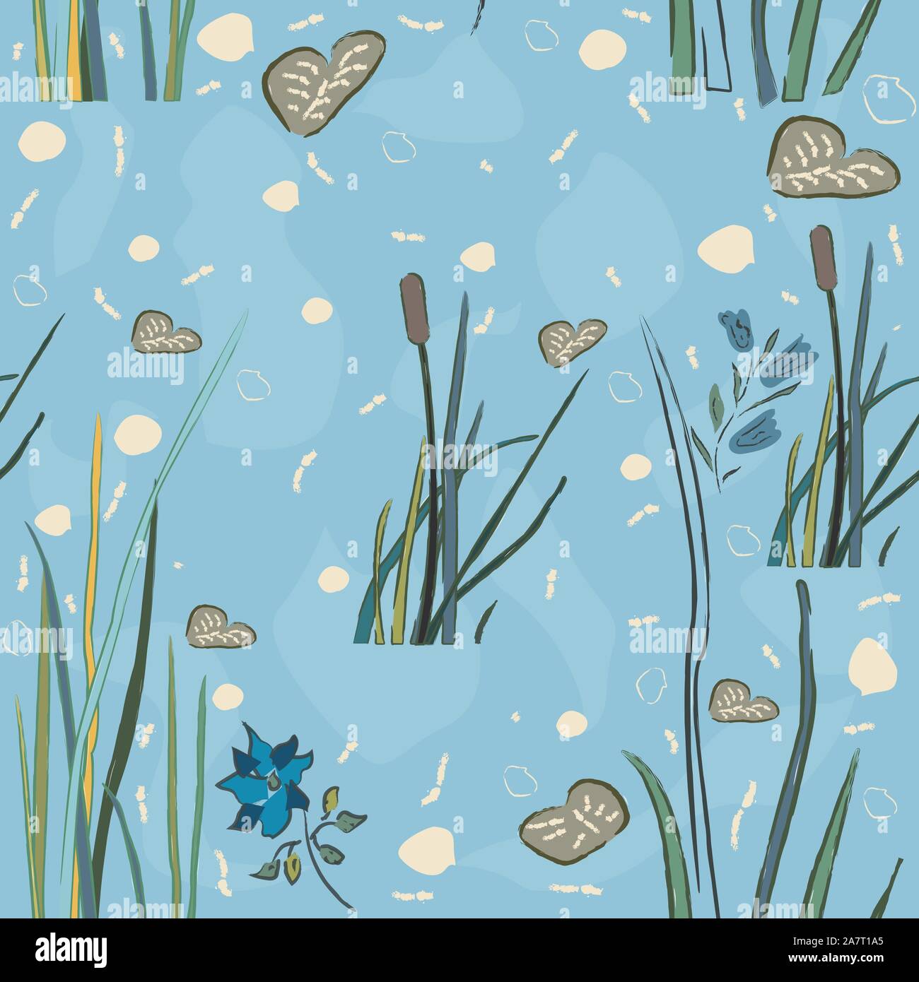 Seamless repeating pattern with lake reed. Hand drawn design. Vector ...