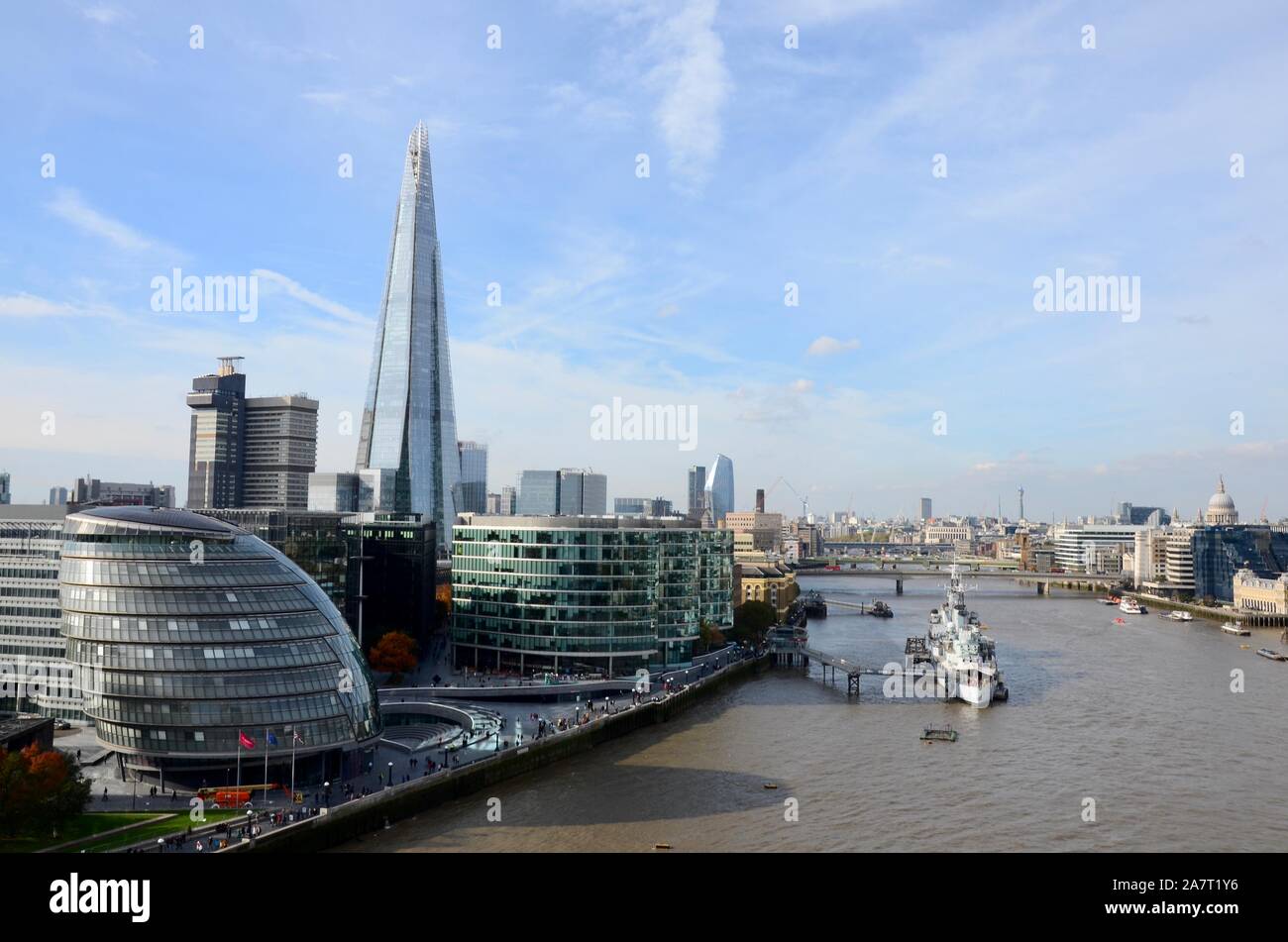 View west of The Embankment and River Thames from Tower Bridge with St ...