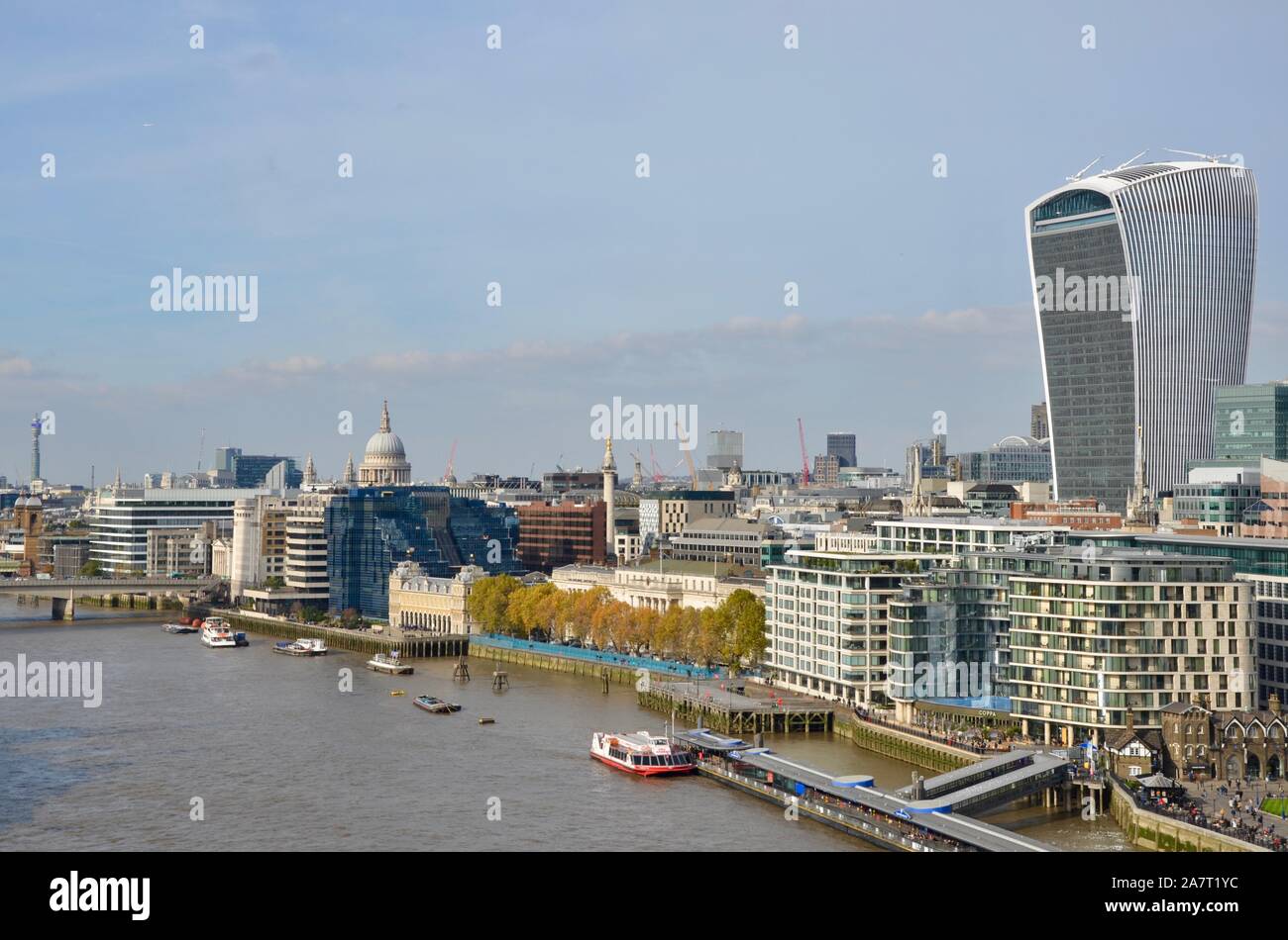 View west of The Embankment and River Thames from Tower Bridge with St ...