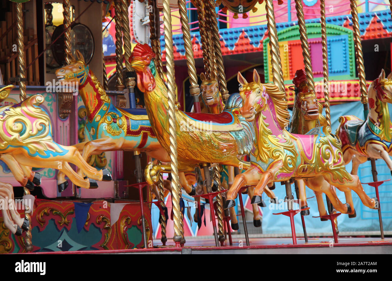 The Wooden Animals of a Fun Fair Carousel Roundabout Stock Photo - Alamy