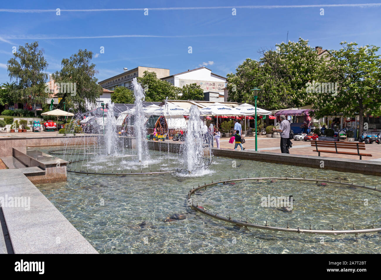 SANDANSKI, BULGARIA - APRIL 29, 2019: Fountain at pedestrian street in ...