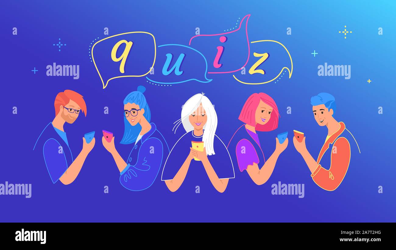 Quiz concept vector illustration of teenage boys and girls using mobile ...