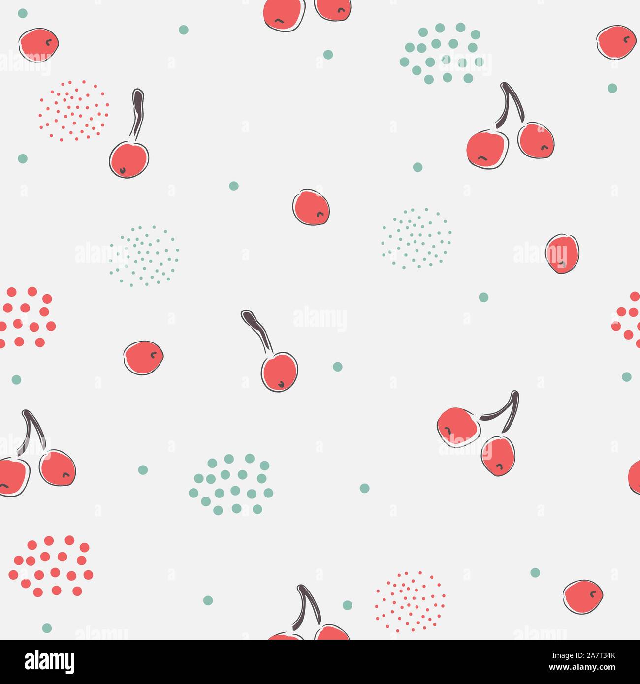 Cute Seamless Pattern cherries dotted background. hand Drawn Delicate ...