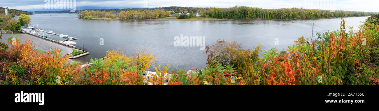 Panorama of the Hudson River in the fall. The river is curved infront ...