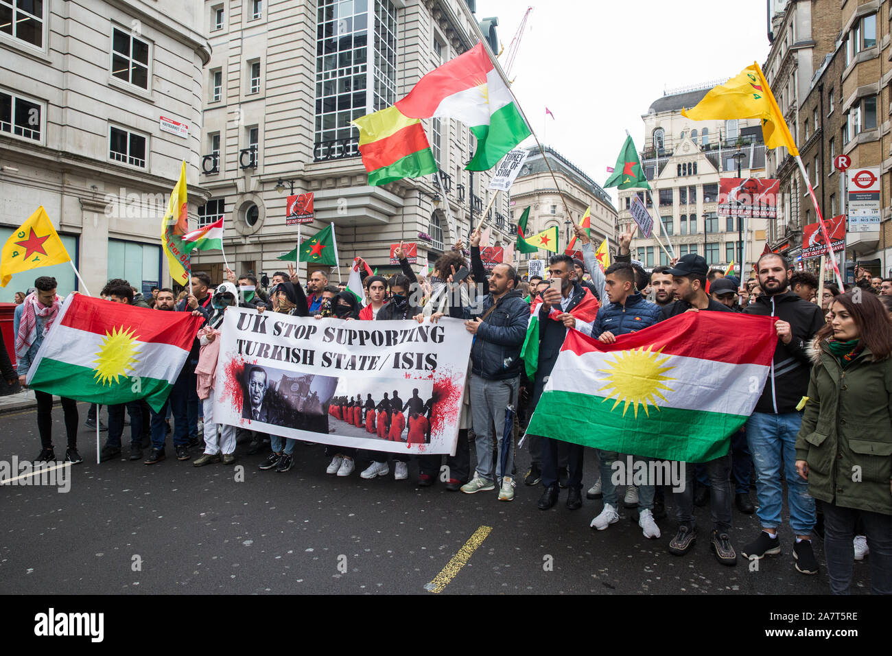 London, UK. 13 October, 2019. Kurdish supporters of the YPG march in ...