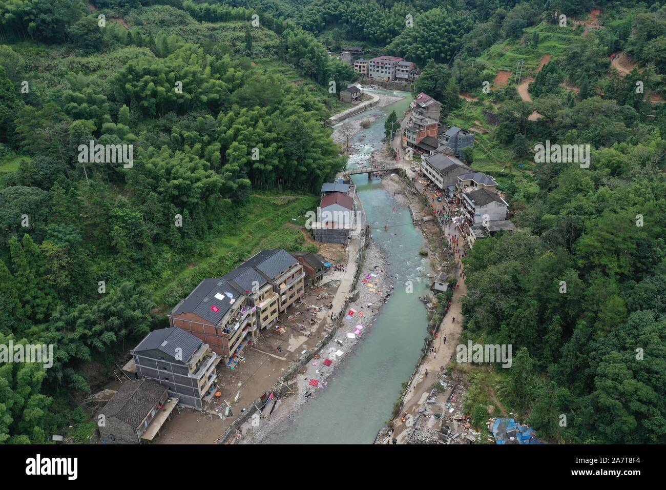 Aerial view of landslide area caused by Typhoon Lekima, the ninth ...