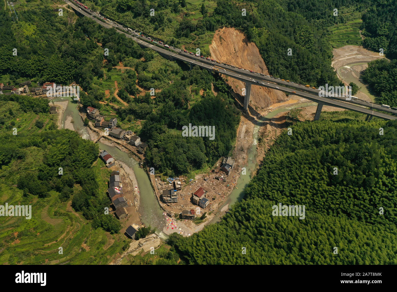 Aerial view of landslide area caused by Typhoon Lekima, the ninth ...