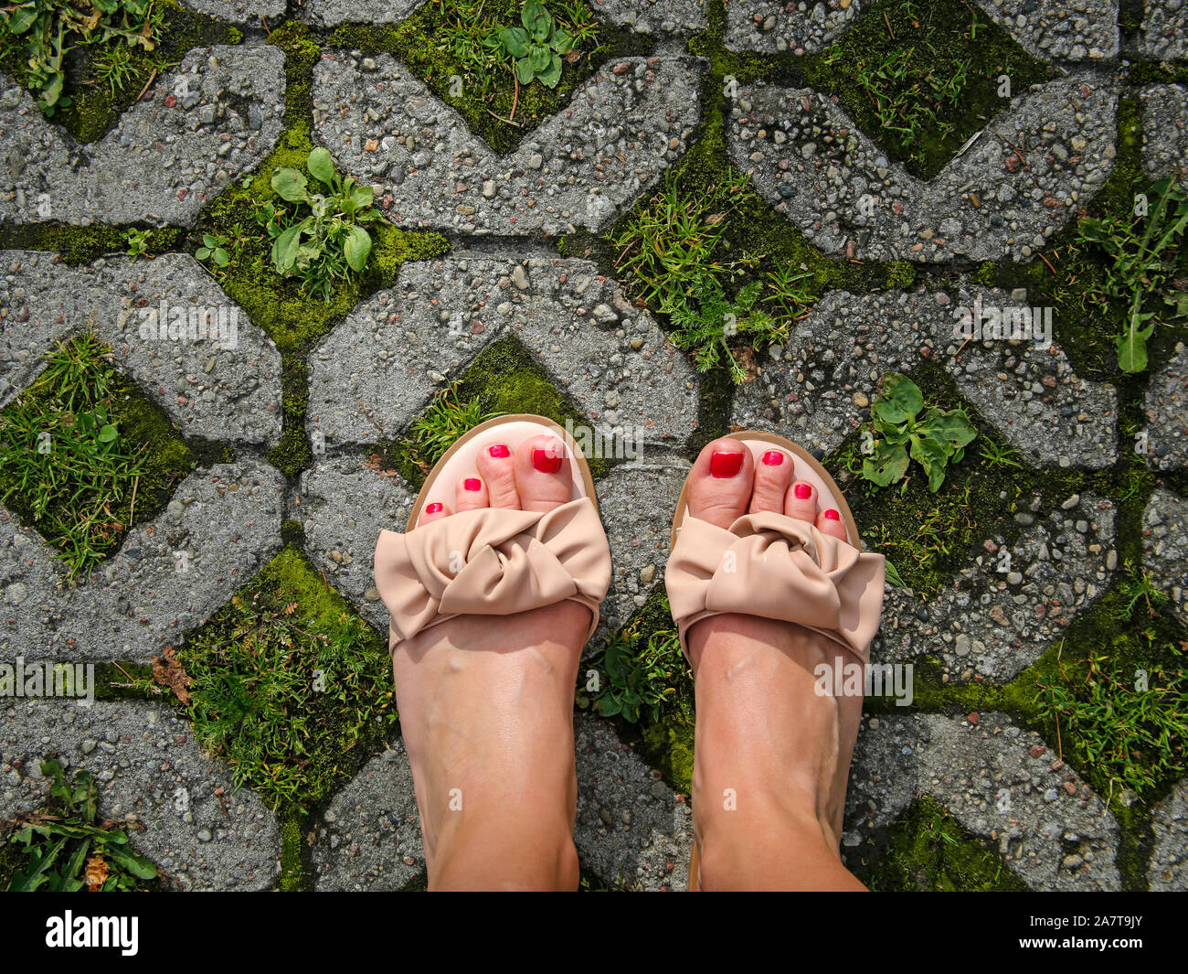 top view photo of woman feet in sandals on the stone pavement with ...