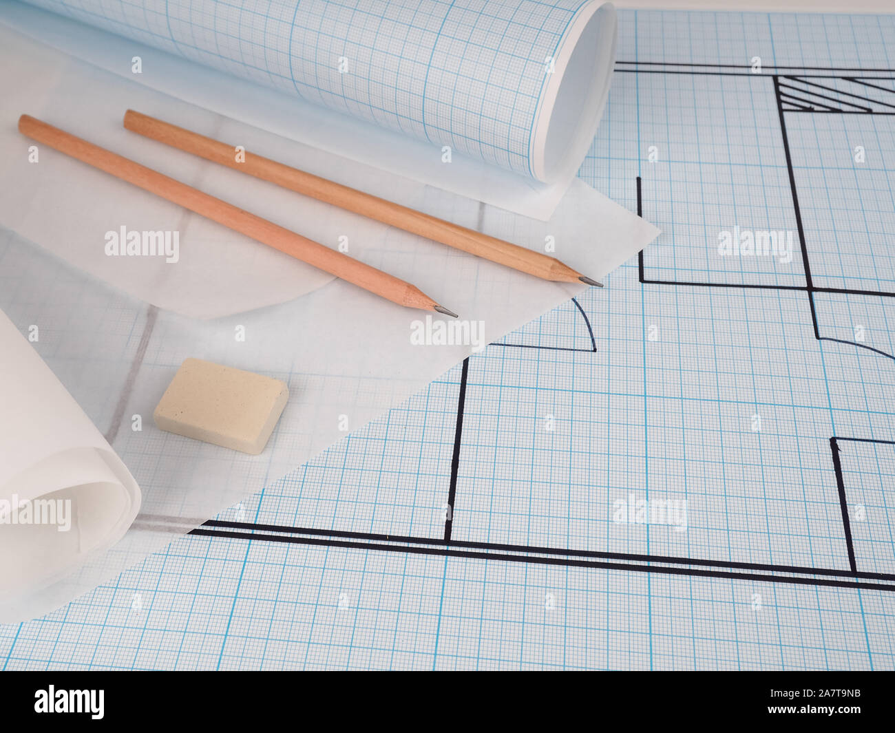 The projects of houses as a background, Architect workplace ...